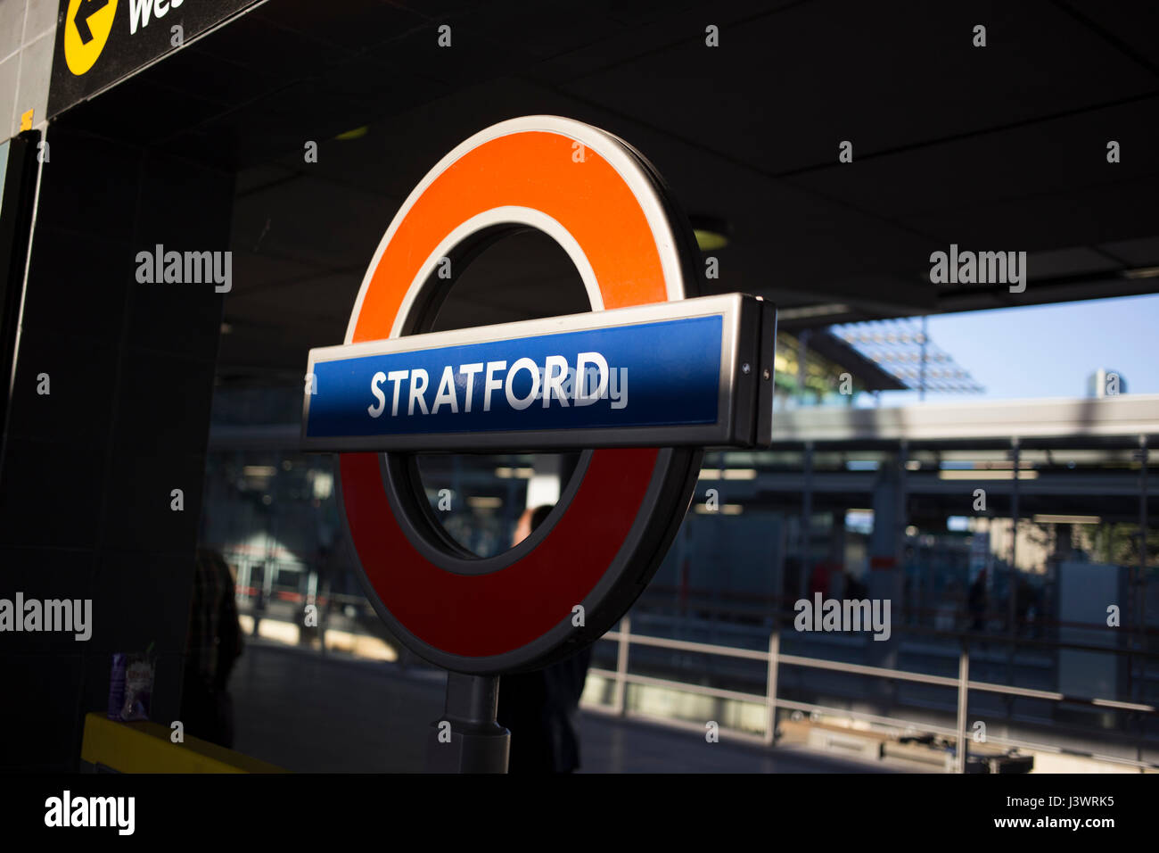 London Underground roundel at Stratford station Jubilee Line platform ...