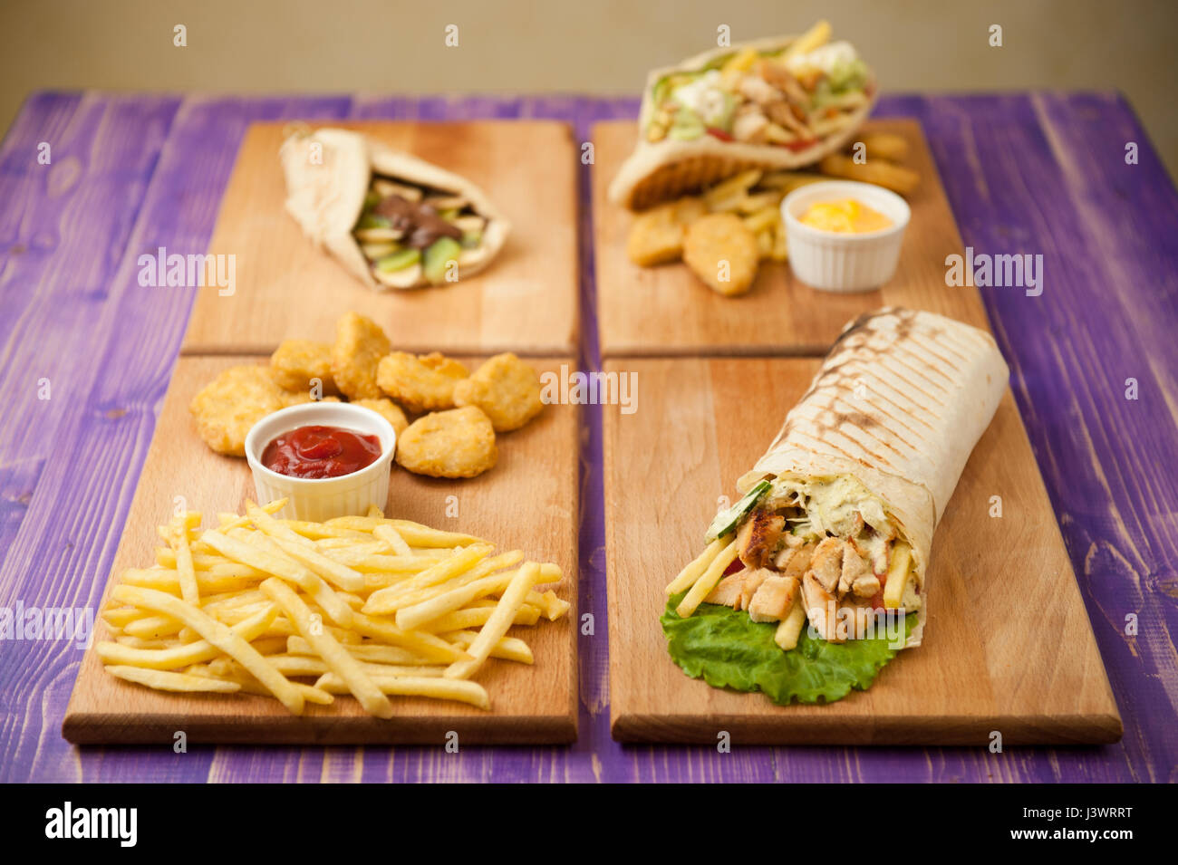 french fries and nuggets, Arabic shawarma, Greek gyro and pita with ...