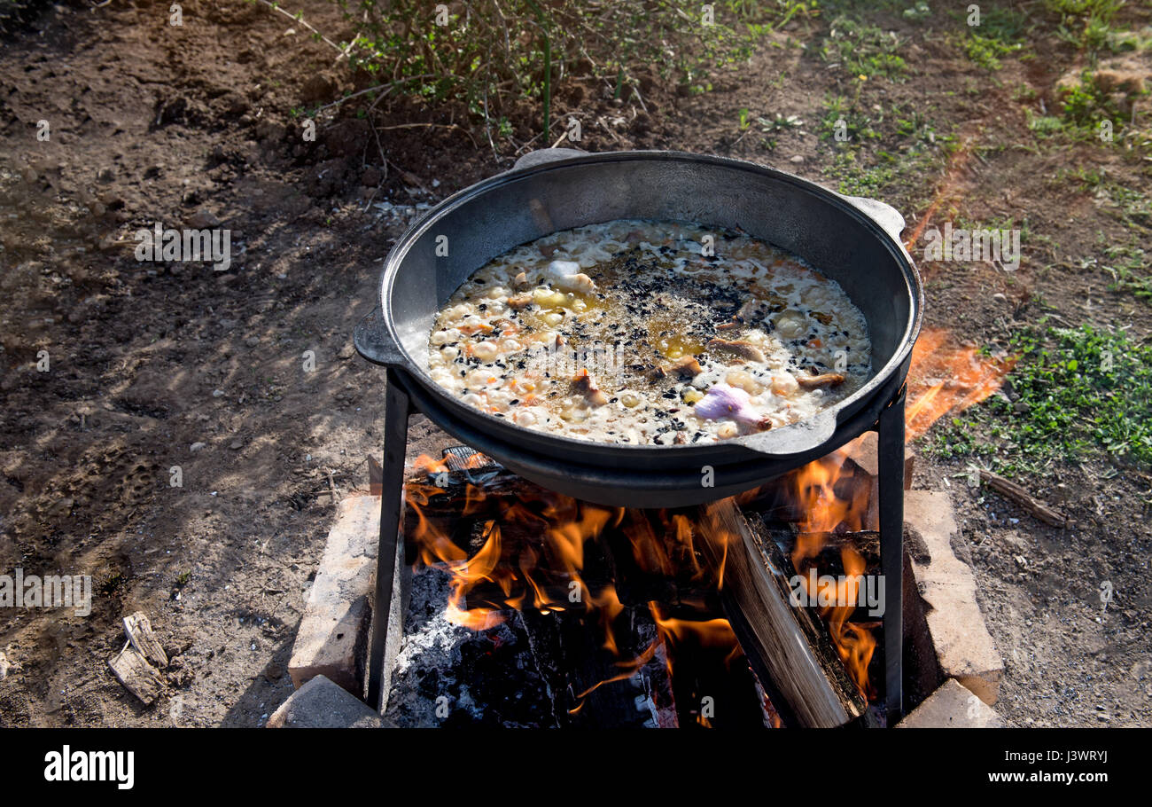 Cooking pilaf in a large cauldron on an open fire outdoors on a Sunny ...