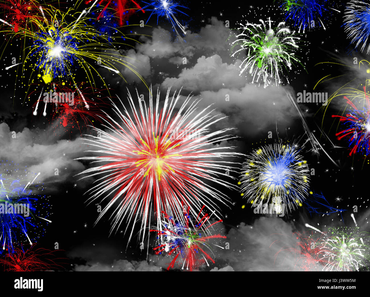 fireworks display in clouds with stars in black sky Stock Photo - Alamy