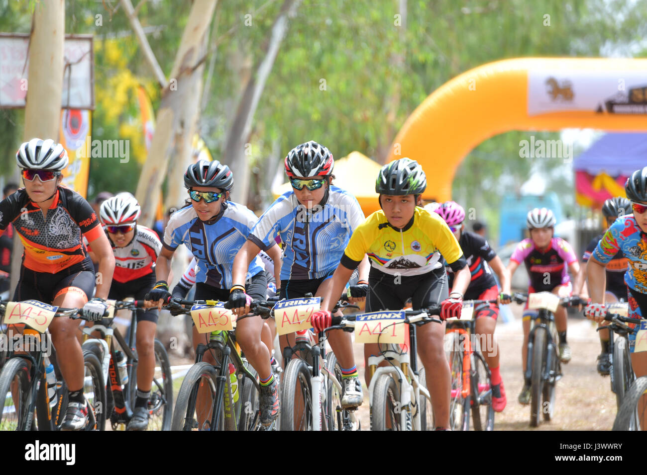 Singburi, Thailand. 7th May 2017. Biker riding a mountain bike at Singha Mountain Bike Thailand ...