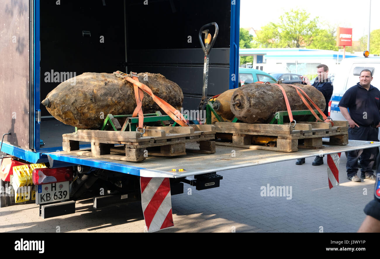 Hanover, Germany. 7th May, 2017. Three defused WWII aerial bombs on a ...
