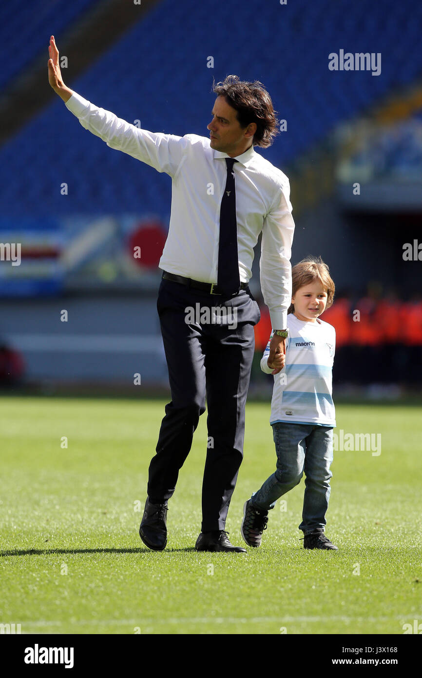 Italy, Rome, May 7th 2017:Simone Inzaghi with his son greeted the fans ...