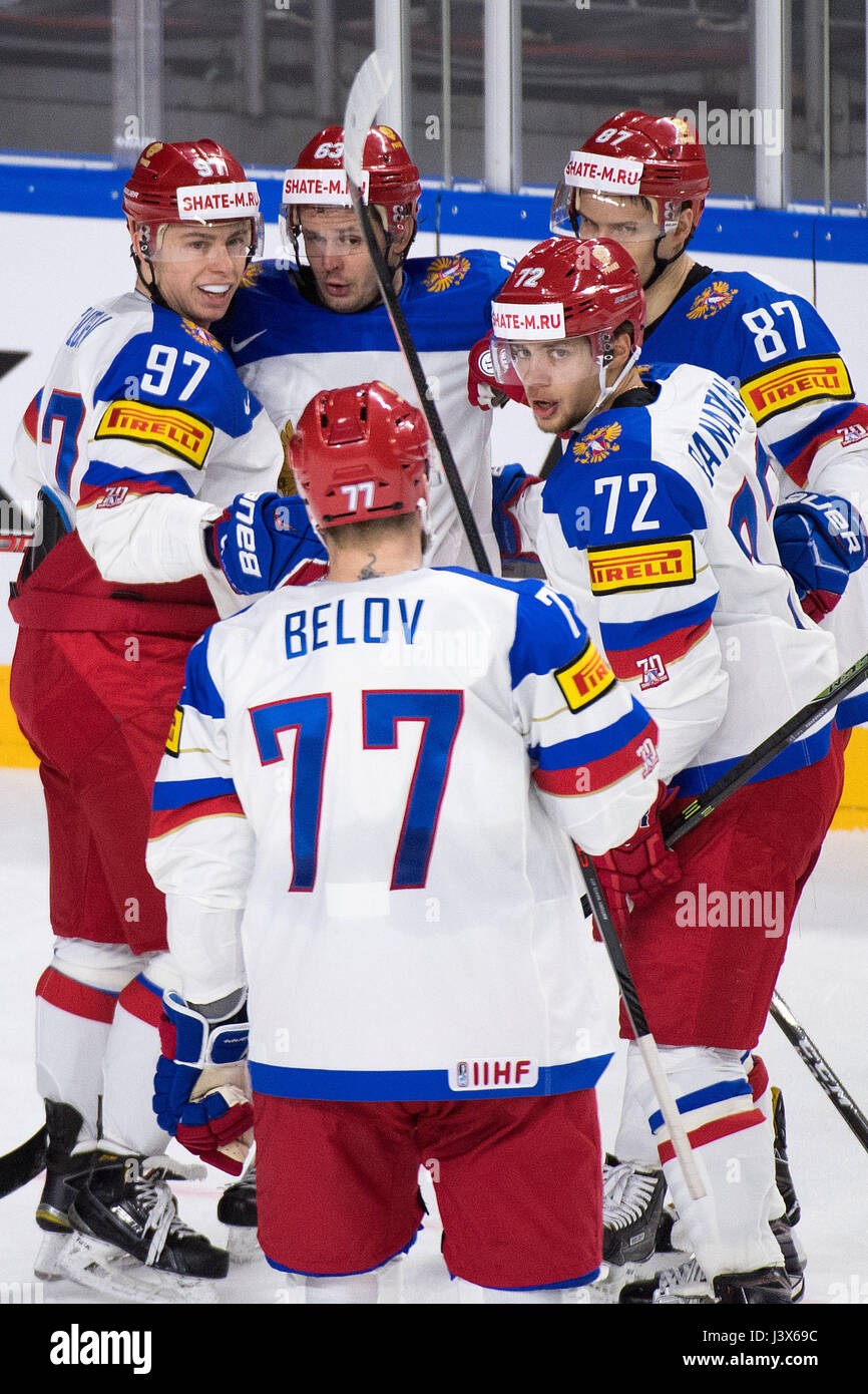 Russia's players Nikita Gussev (L-R), Yevgeny Dadonov, Anton Belov, Artemi Panarin and Vadim ...