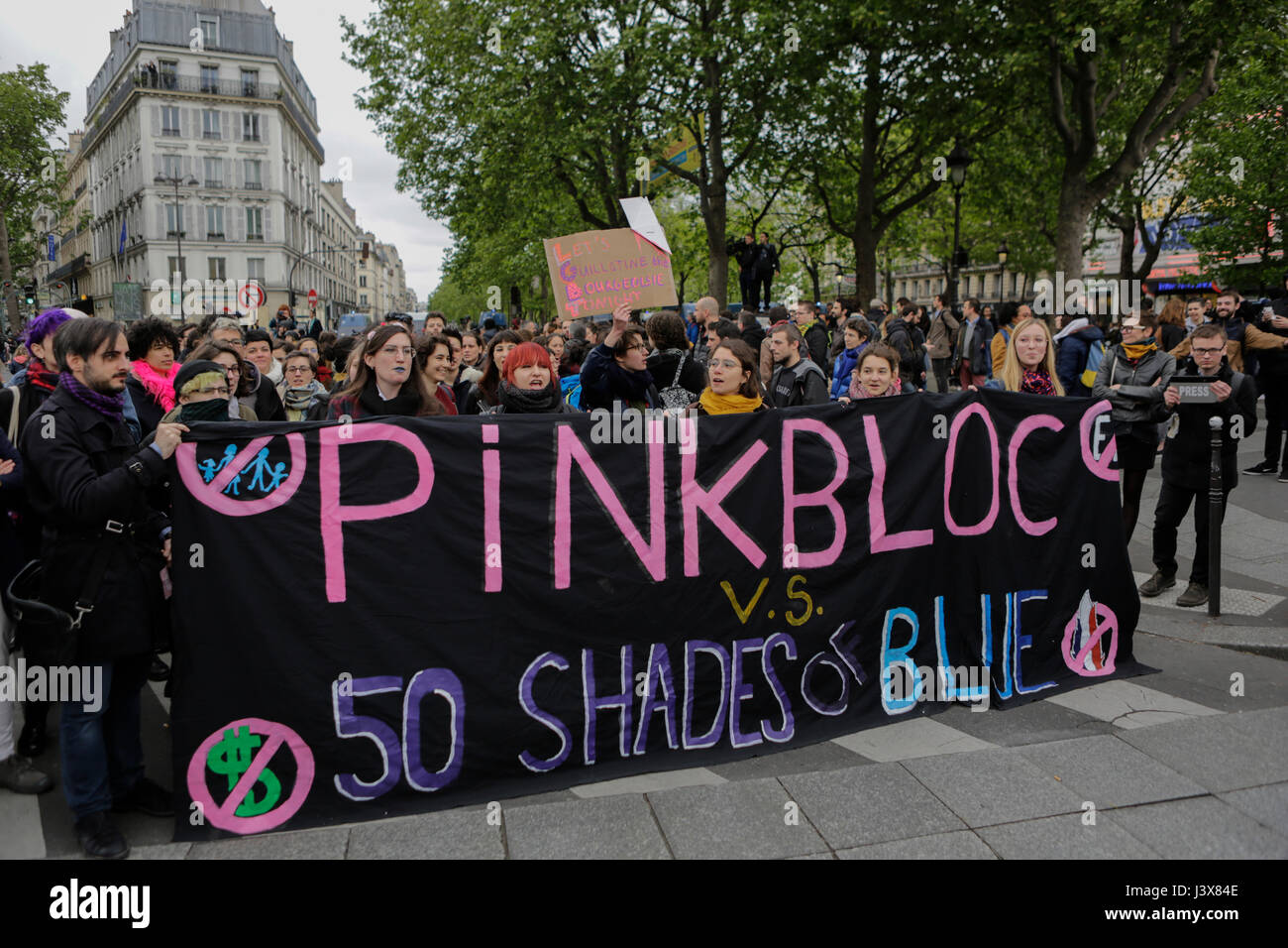 Paris, France. 8th May 2017. Protesters hold a banner that reads 'Pink ...