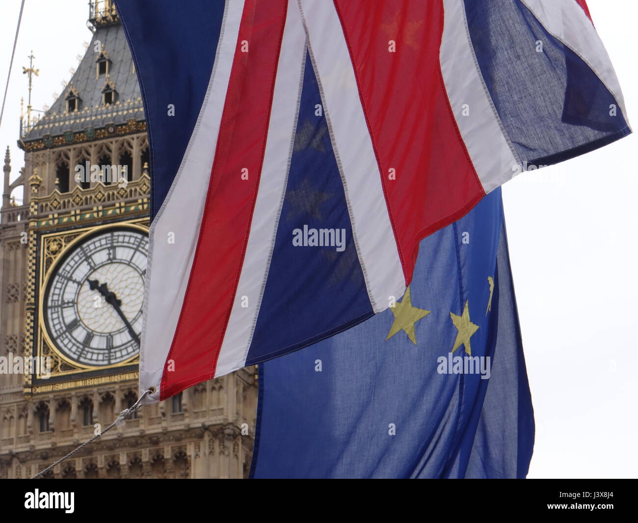 London, UK. 8th May, 2017.UK and EU flags are still hanged together at ...
