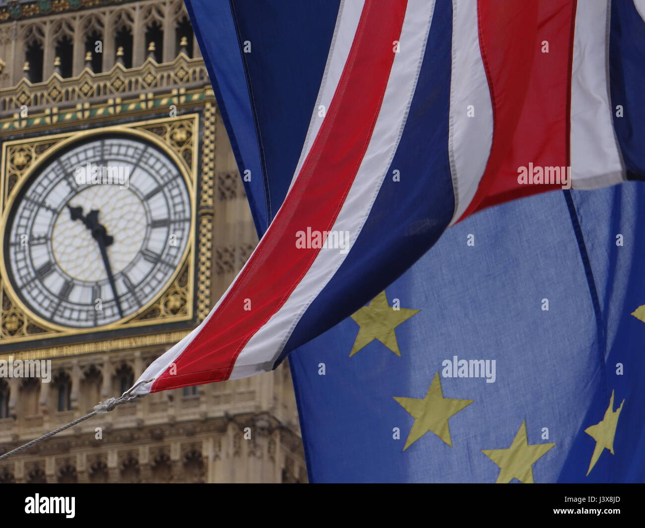 London, UK. 8th May, 2017.UK and EU flags are still hanged together at ...