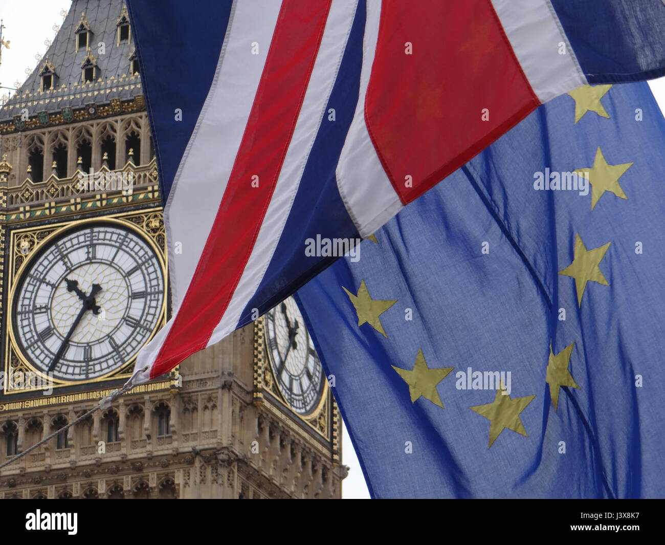 London, UK. 8th May, 2017.UK and EU flags are still hanged together at ...
