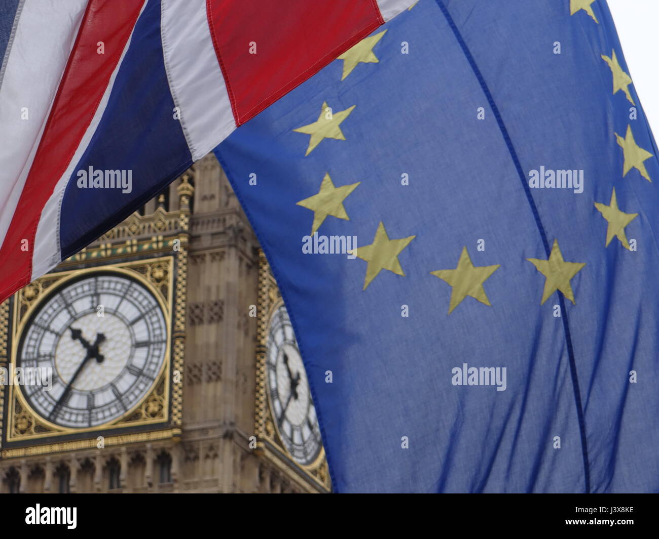 London, UK. 8th May, 2017.UK and EU flags are still hanged together at ...