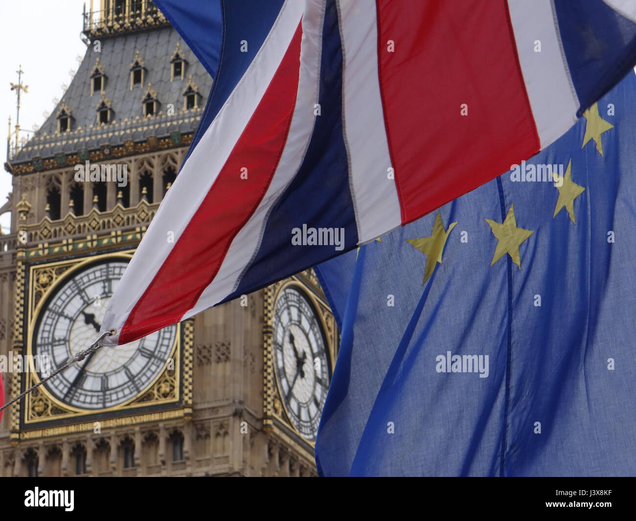 London, UK. 8th May, 2017.UK and EU flags are still hanged together at ...