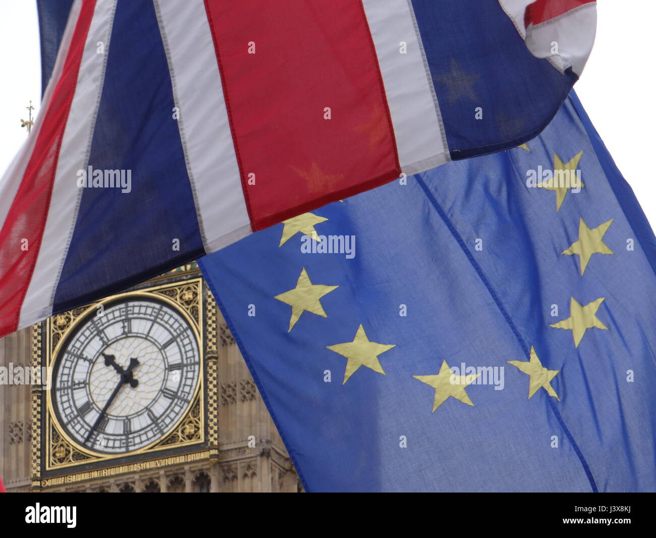 London, UK. 8th May, 2017.UK and EU flags are still hanged together at ...