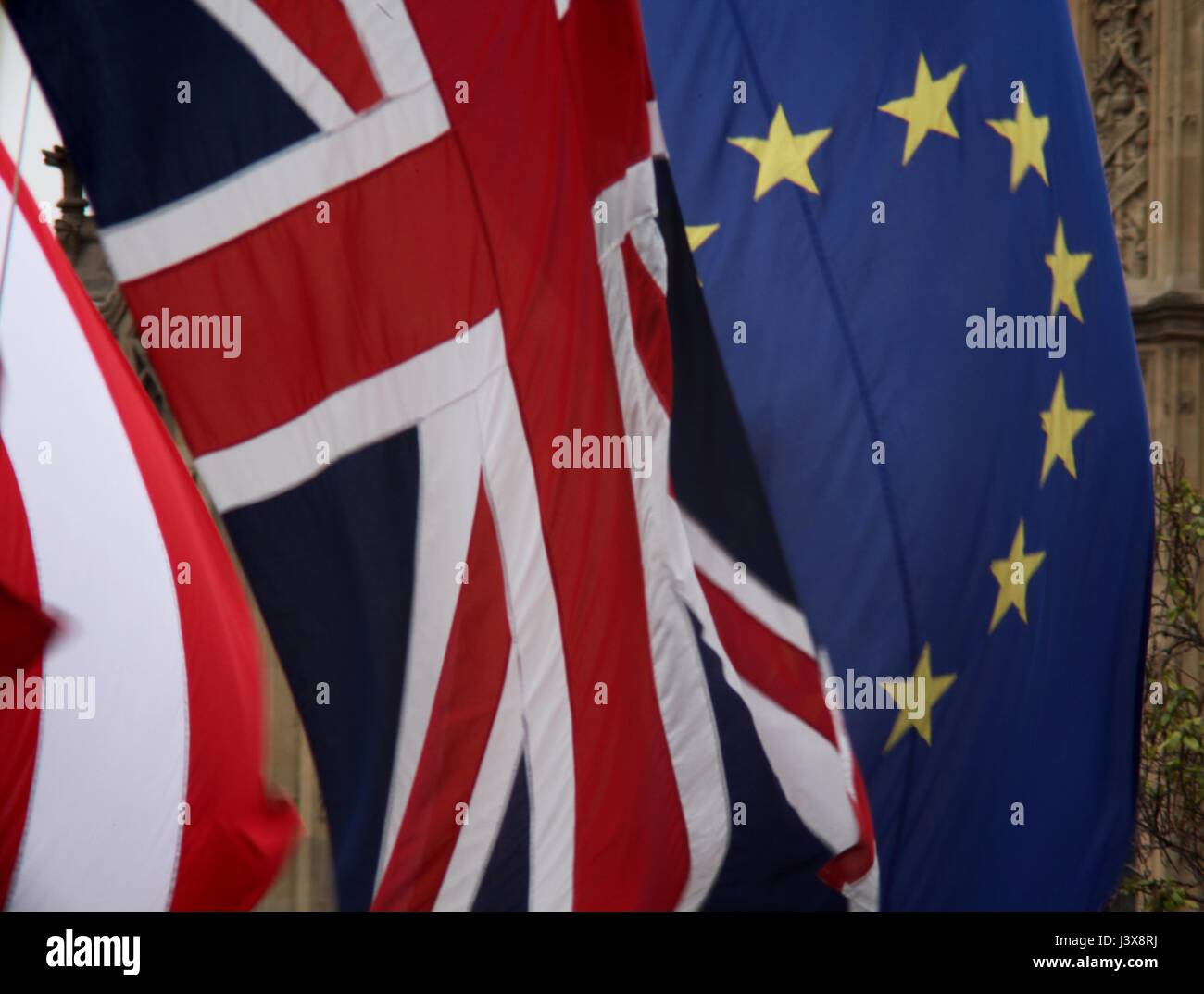 London, UK. 8th May, 2017.UK and EU flags are still hanged together at ...