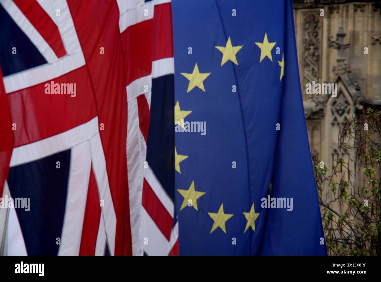 London, UK. 8th May, 2017.UK and EU flags are still hanged together at ...
