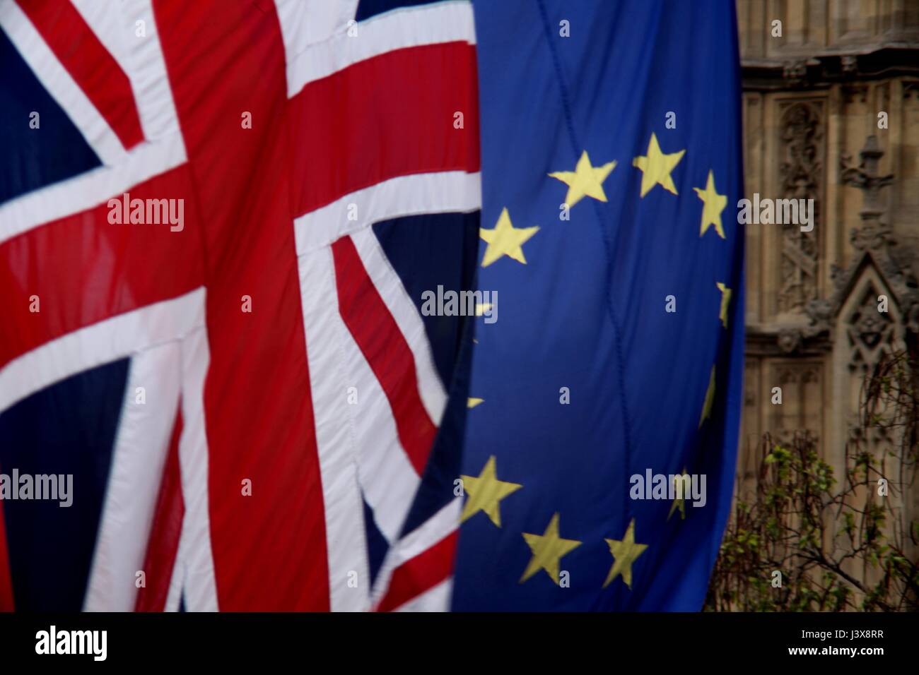 London, UK. 8th May, 2017.UK and EU flags are still hanged together at ...