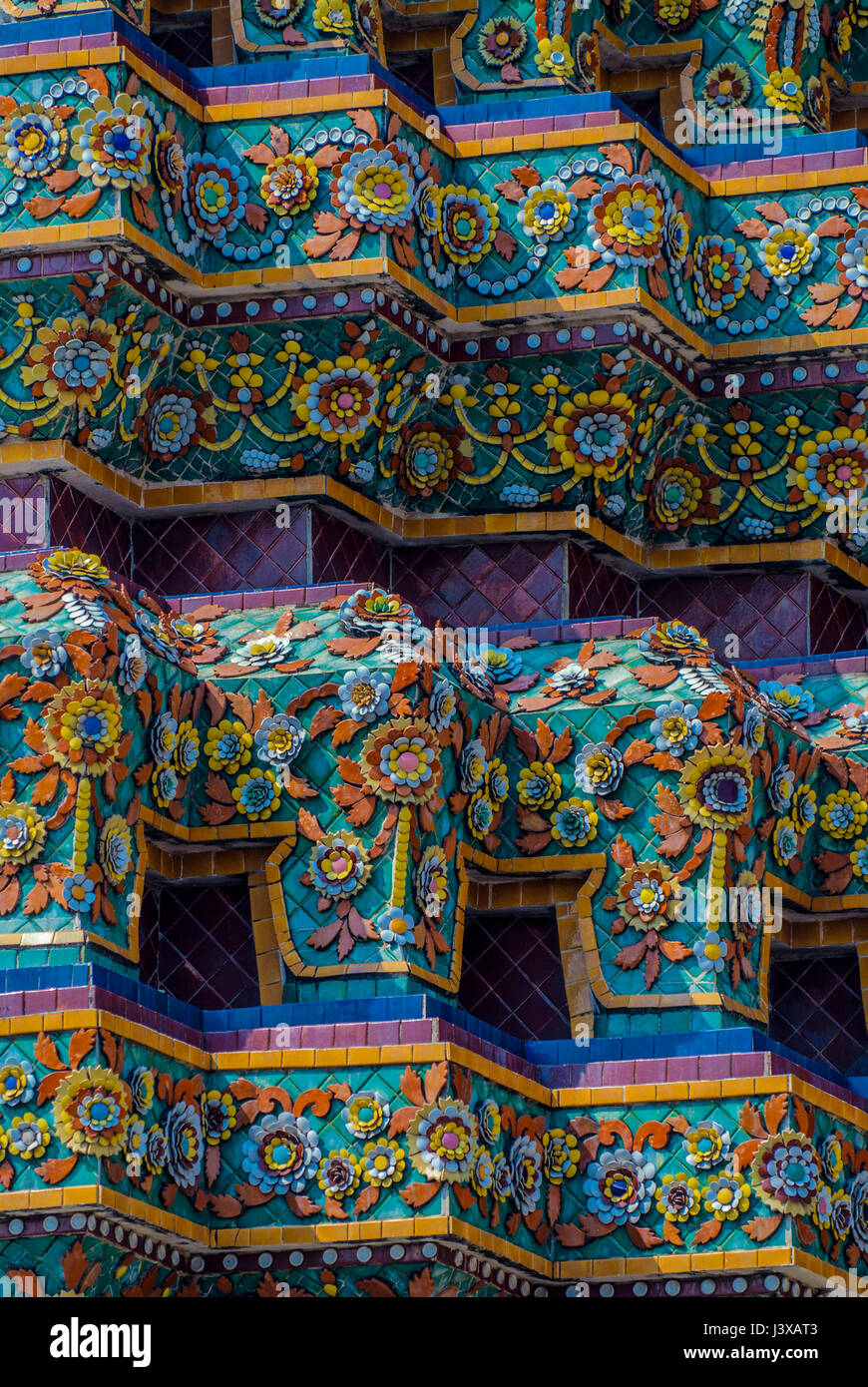 Colourful ceramic tile decorations on a pagoda, Grand Palace, Thailand ...