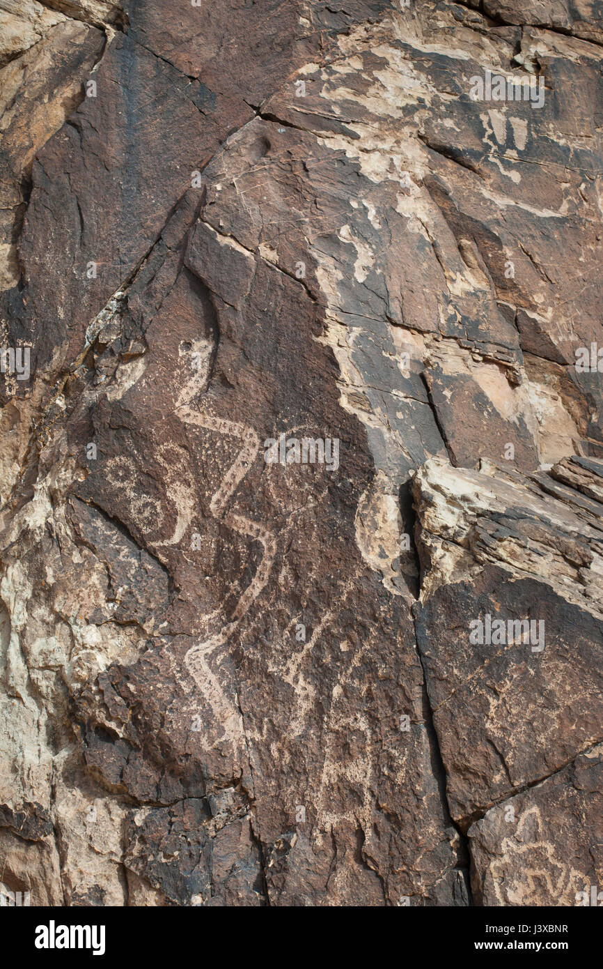 Petroglyphs (including an image of a snake) at Parowan Gap, Utah Stock ...