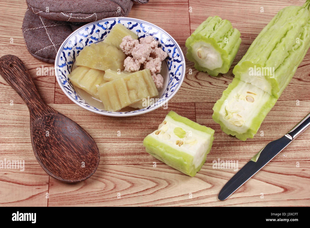 Streamed Chinese bitter gourd (Balsum Pear) with meat ball in bone soup ...