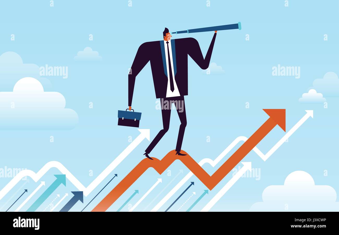 business concept illustration, suited man riding on an rising arrow ...