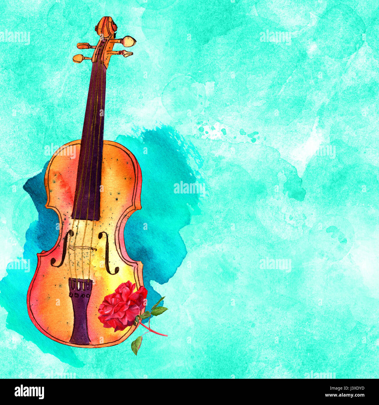 A watercolour and ink drawing of a violin, with paint splashes, on a ...