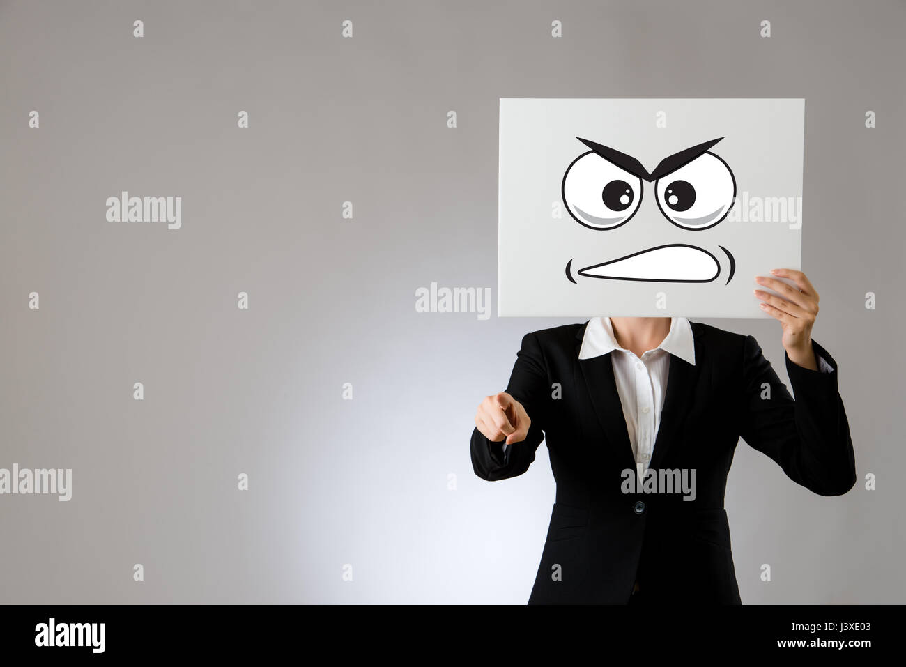 angry face expression illustration on blank white card with hand finger ...