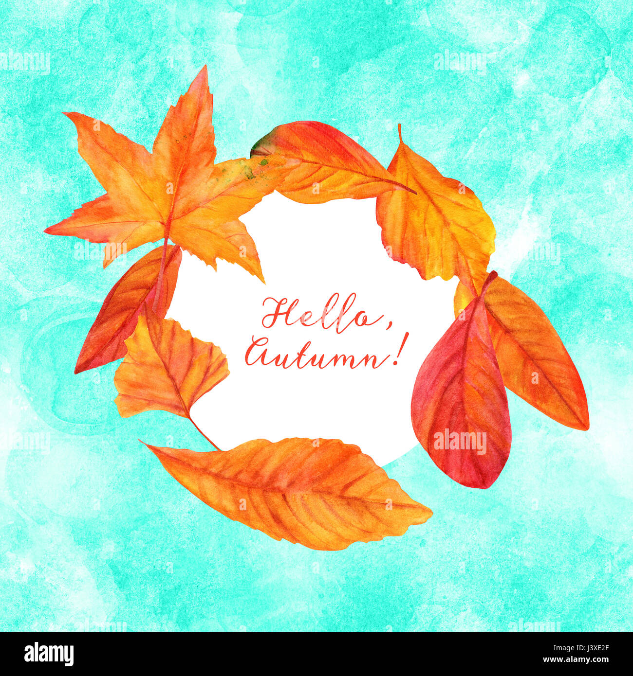 Hello, Autumn design with vibrant fall leaves, yellow and orange, on a ...