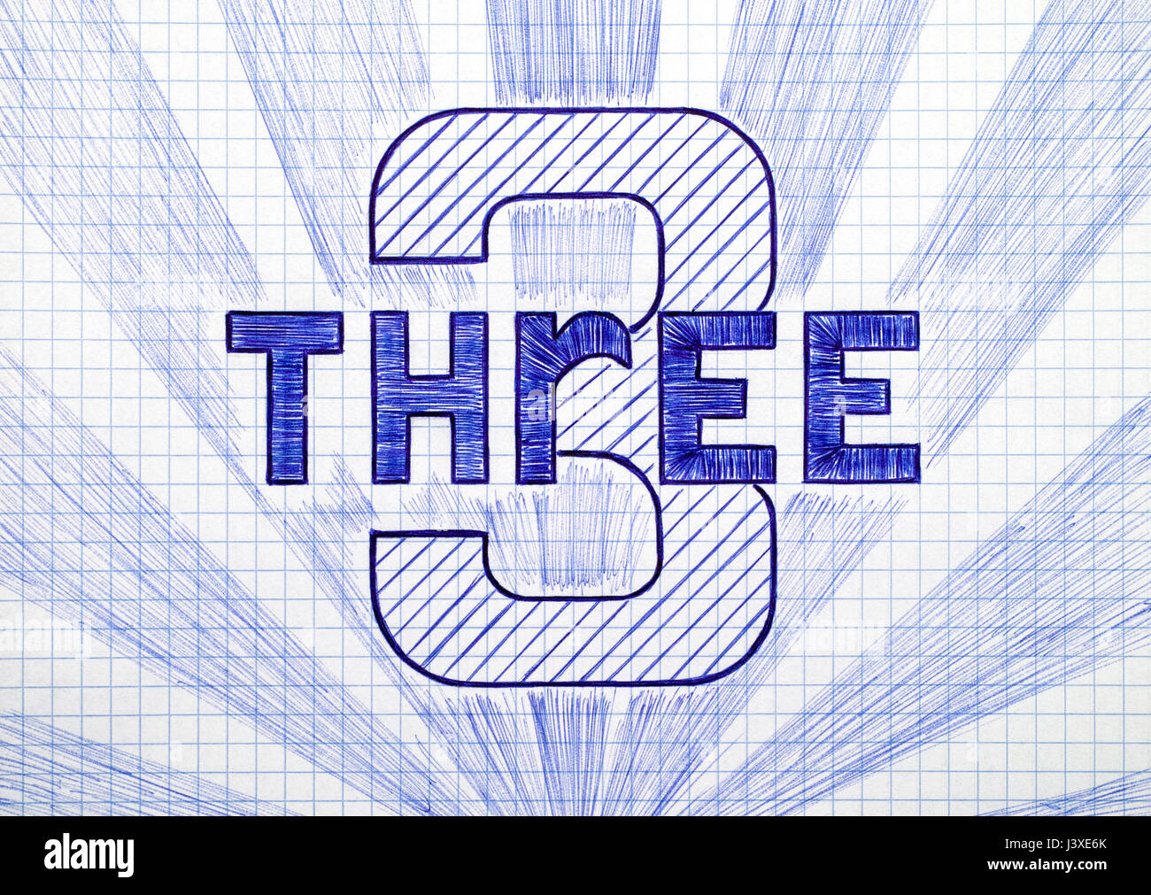 Number Three on the sheet of checkered paper. Doodle style Stock Photo ...