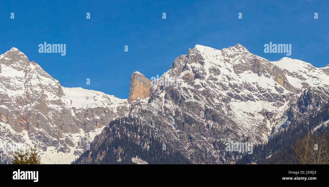High mountains panorama landscape, alpine ridge against clear blue sky ...