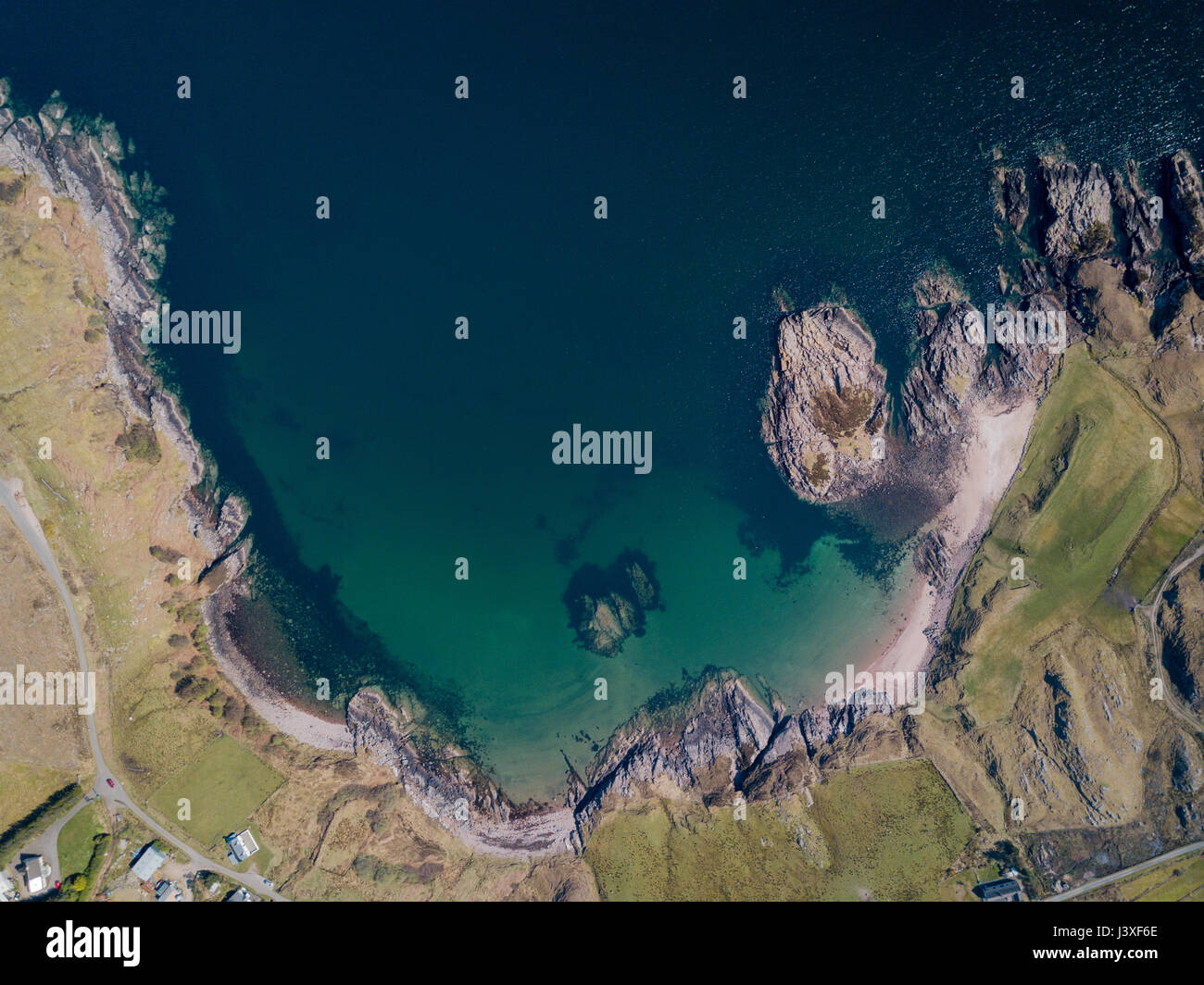 Aerial view (birds eye view) of the coast in the Scottish Highlands ...