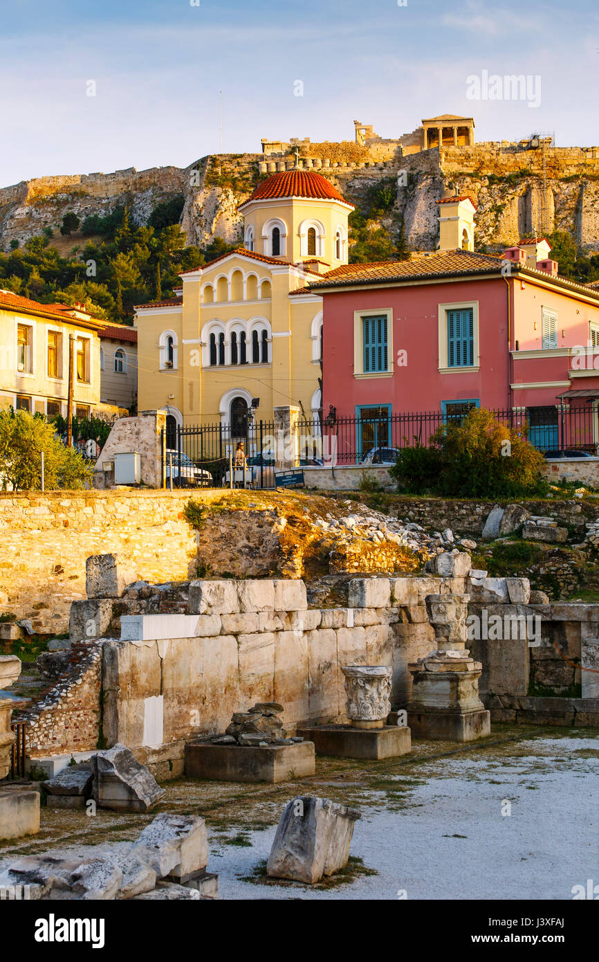 Acropolis and remains of Hadrian's Library in the old town of Athens ...