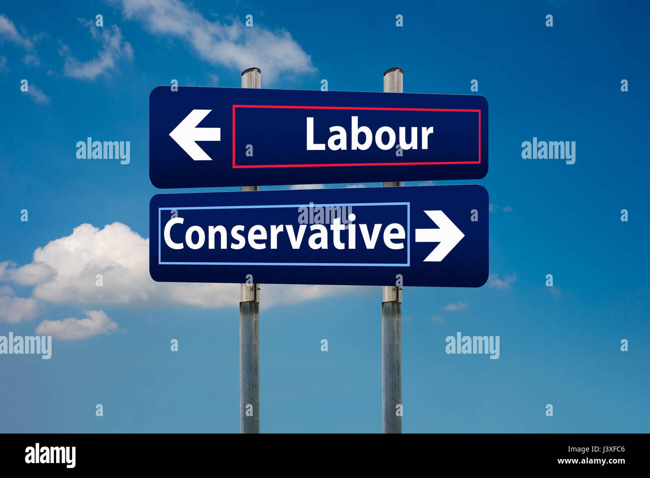 concept of two road signs representing labour and conservative parties ...