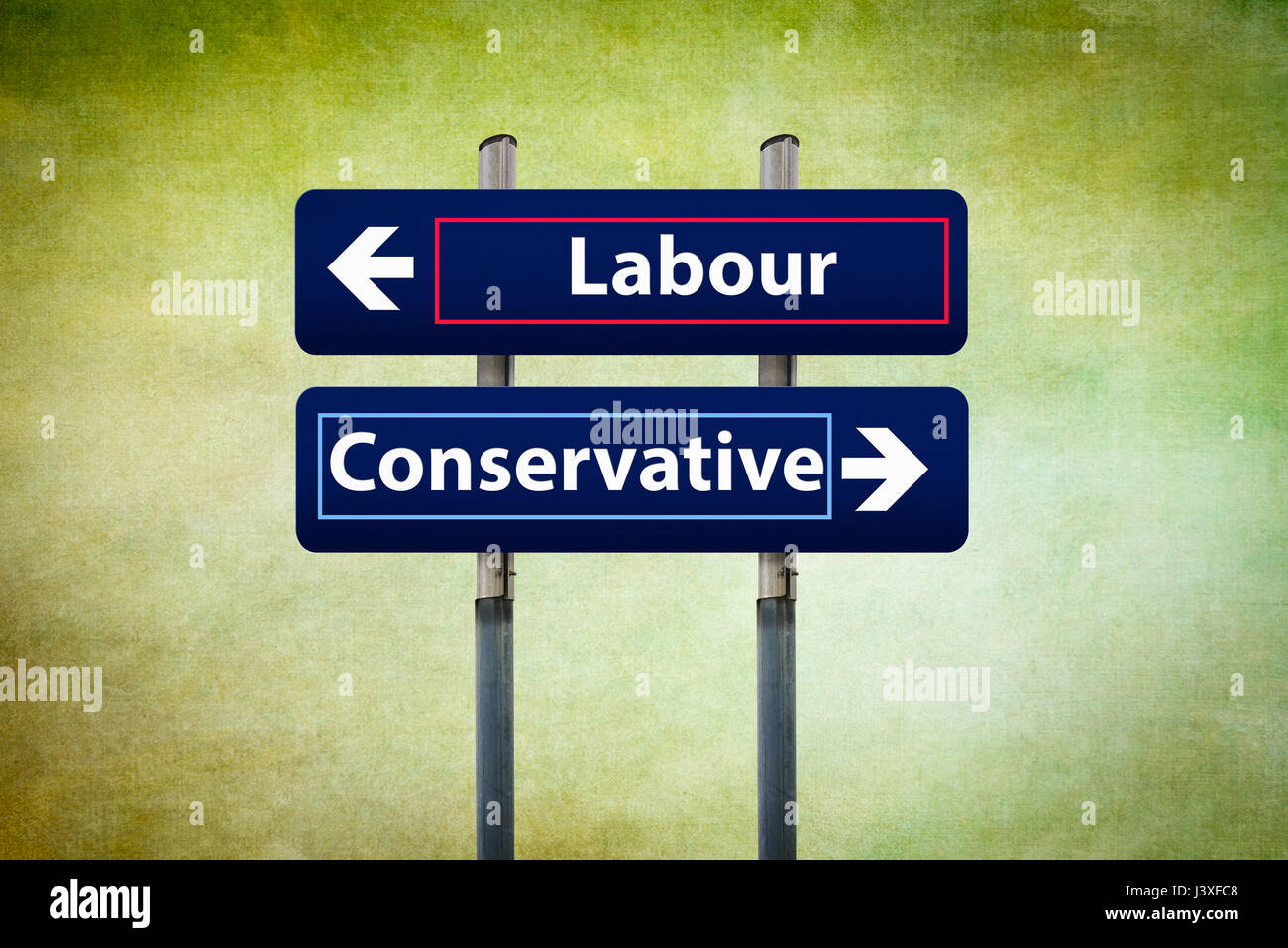 concept of two road signs representing labour and conservative parties ...