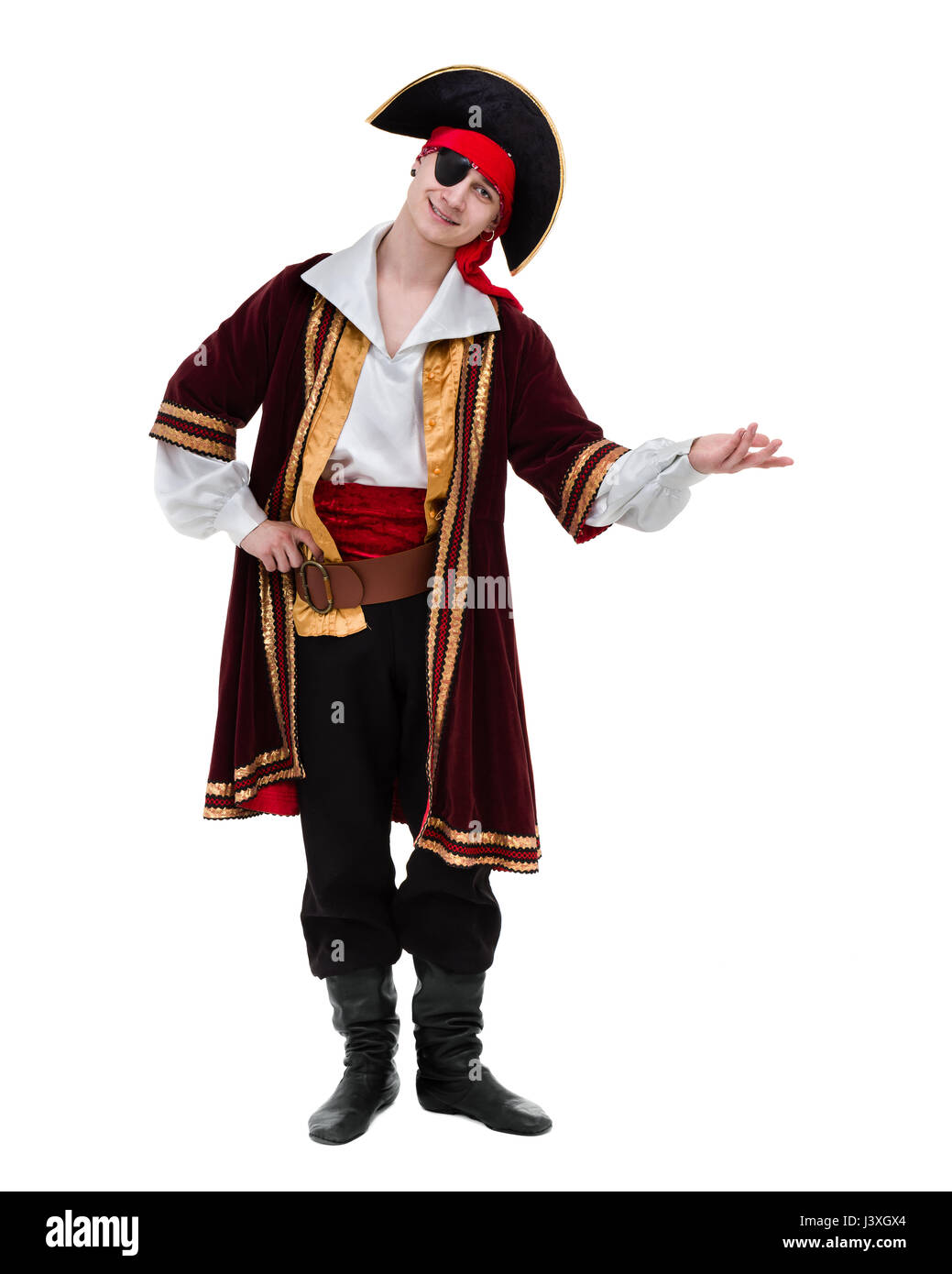 man wearing a pirate costume posing with holding gesture, isolated on ...
