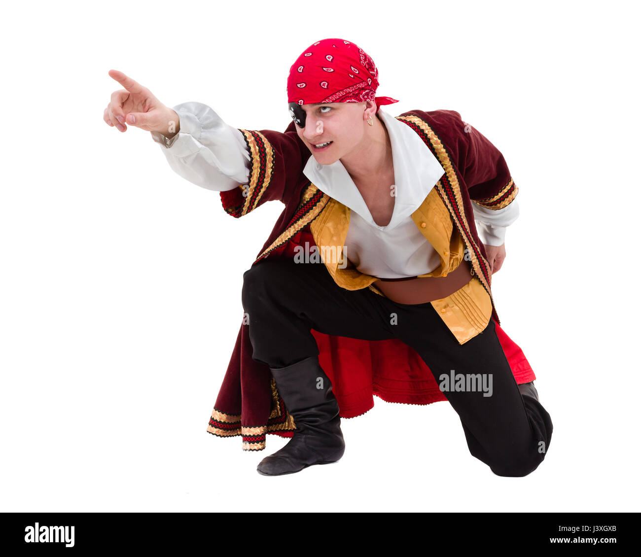 man wearing a pirate costume posing with pointing gesture, isolated on ...
