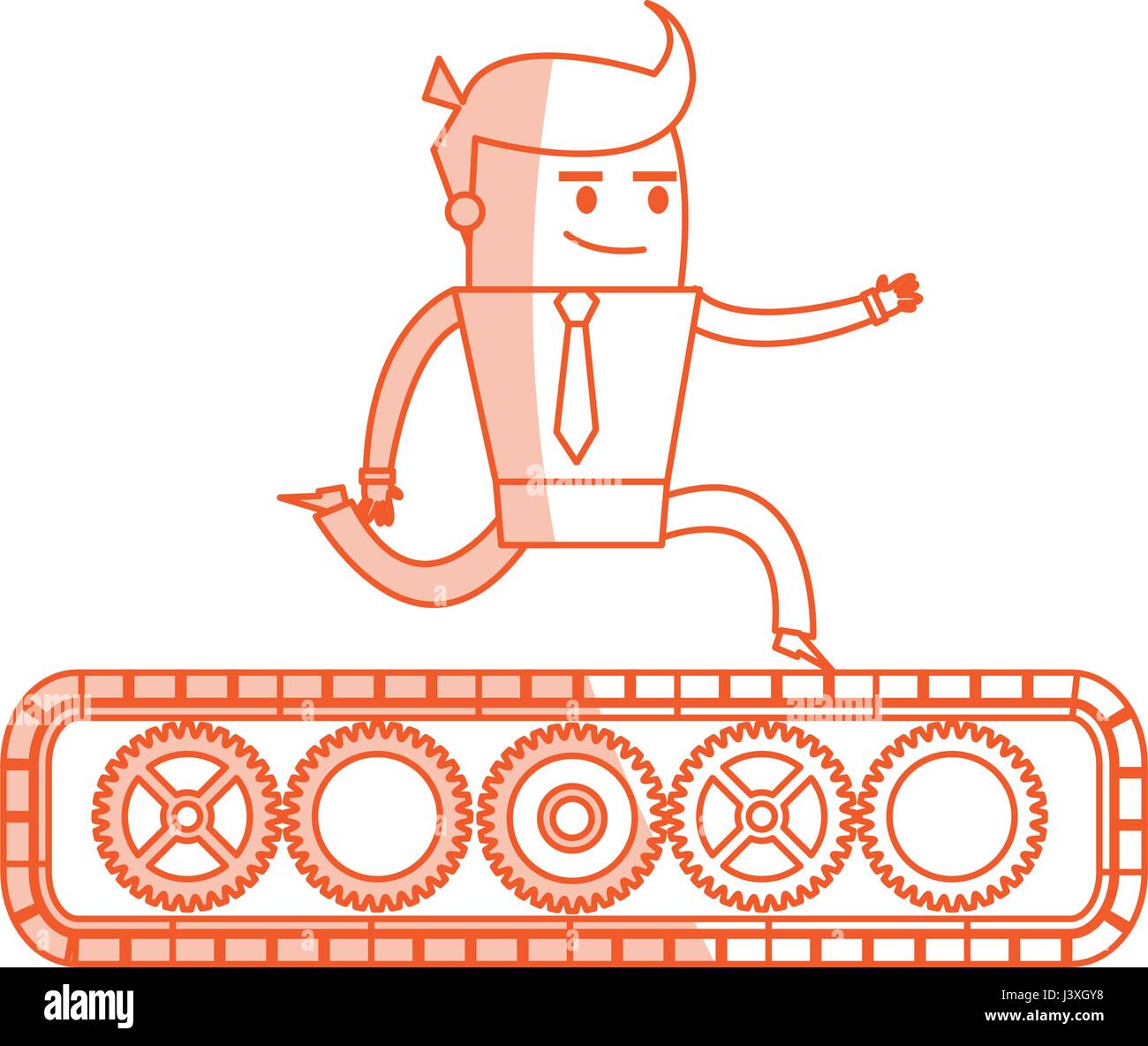 red silhouette image cartoon business man riding an belt with gears ...