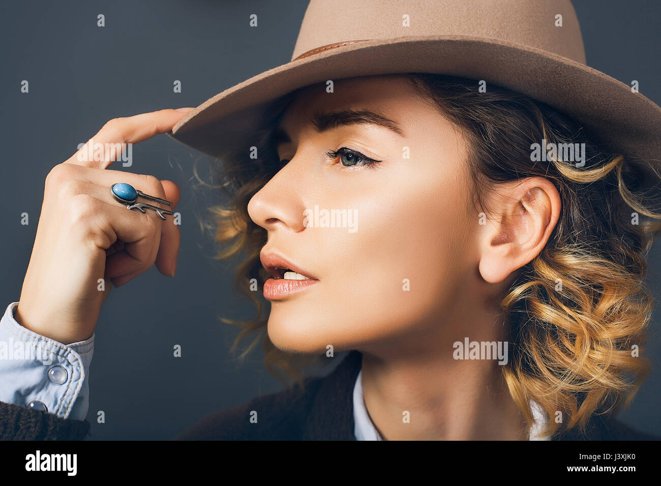 Beautiful side profile woman wearing hi-res stock photography and ...
