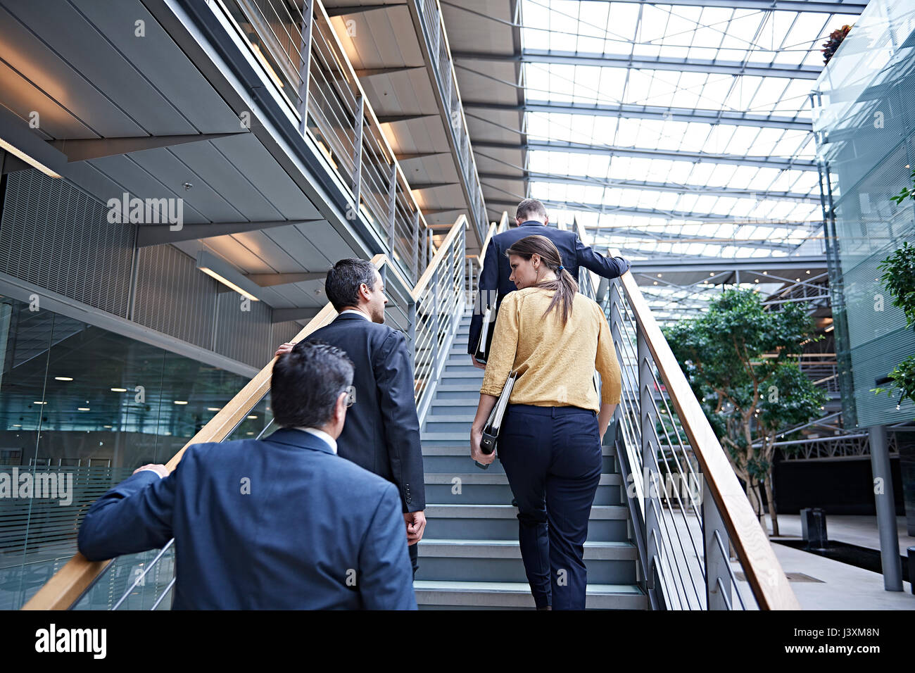 Rear view of businesswoman and men moving up office stairway Stock ...