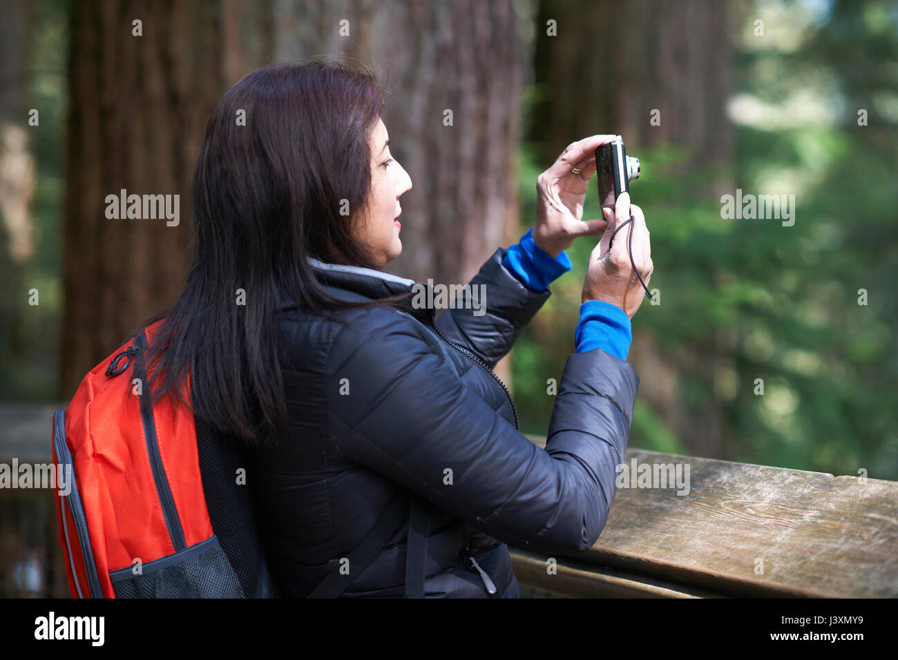 Woman in rural setting, photographing view, Vancouver, Canada Stock ...