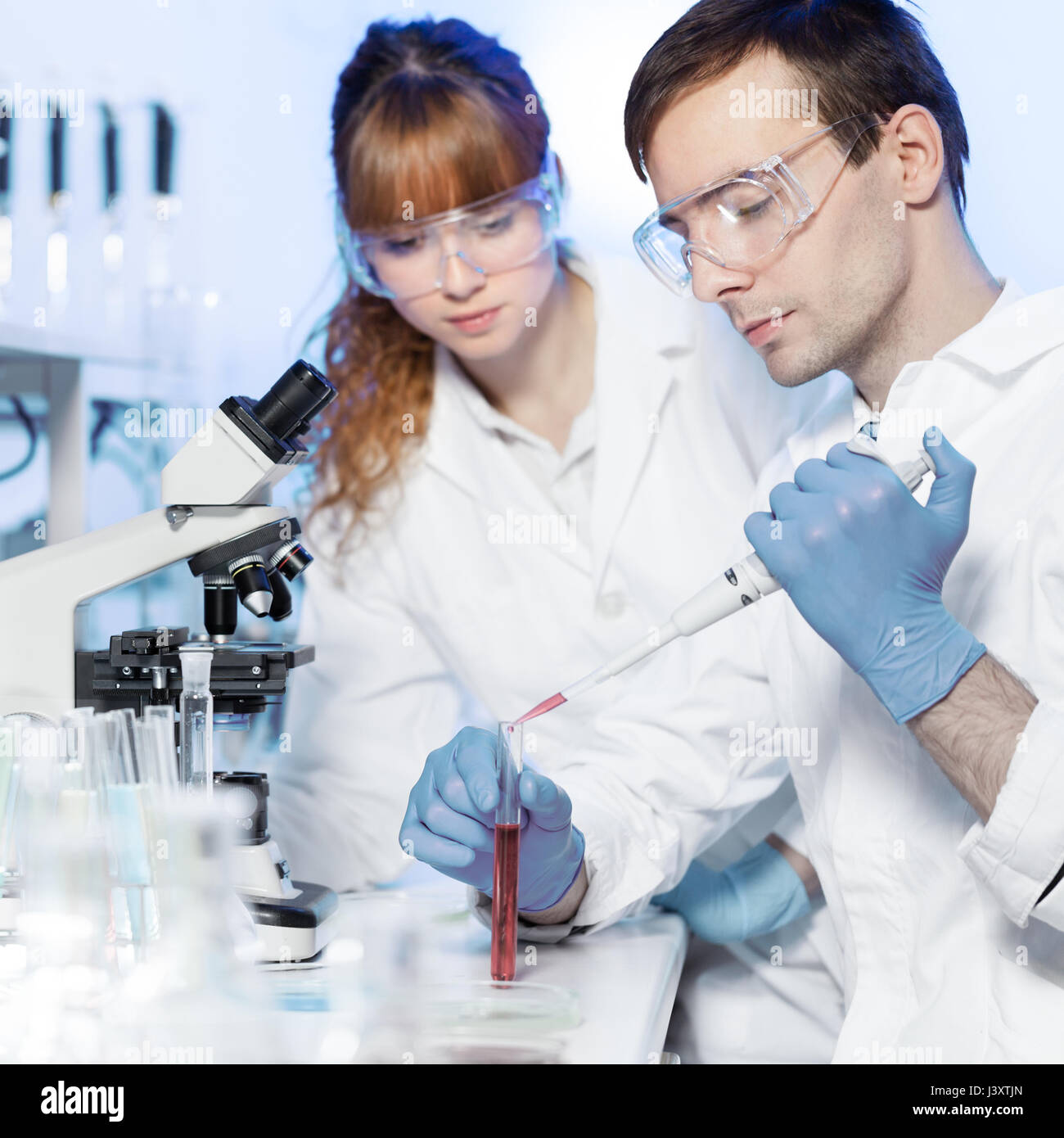 Young male researcher pipetting red liquid in the glass tube in the ...