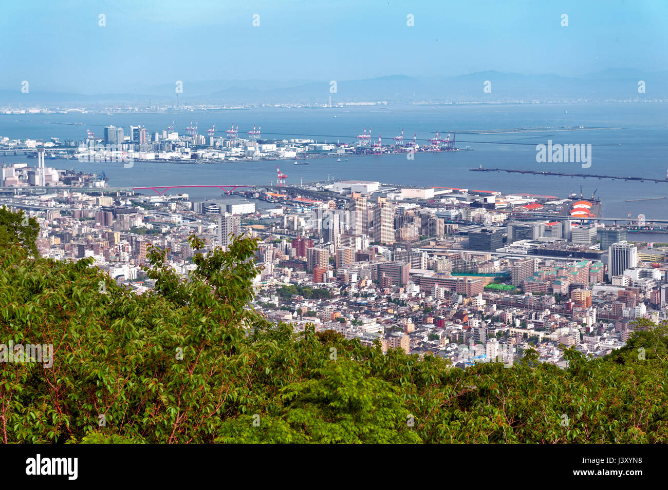 Aerial view of Kobe city and Port Island of Kobe from Mount Rokko ...