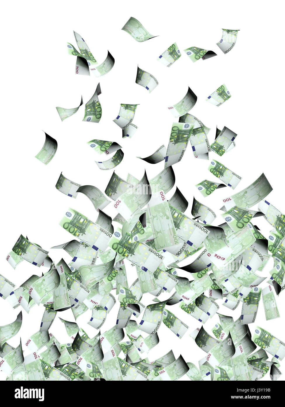 Flying banknotes of hundred euro. Isolated on white background. 3d ...