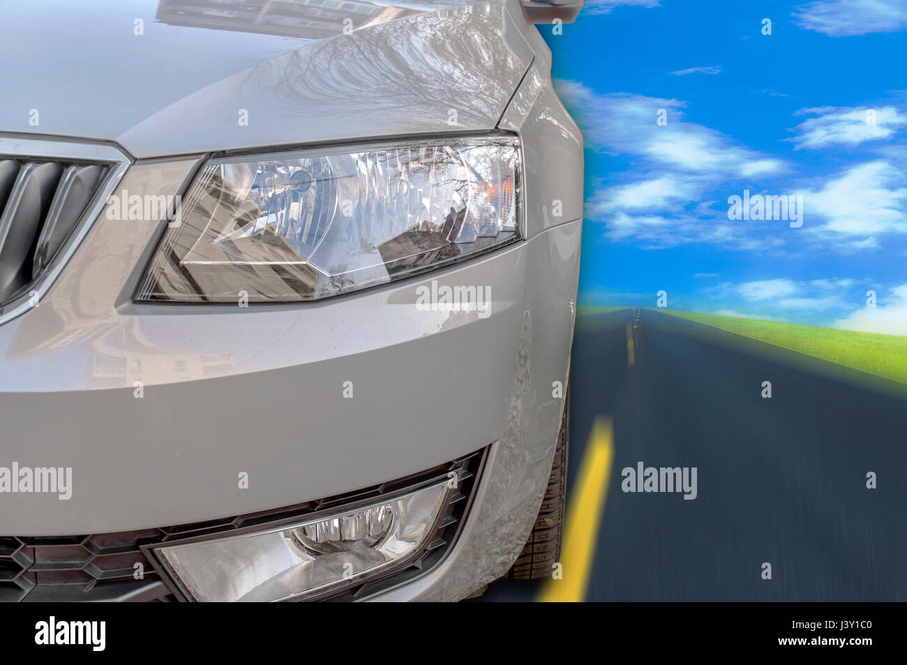 Close heading light lamp on car on the road Stock Photo - Alamy