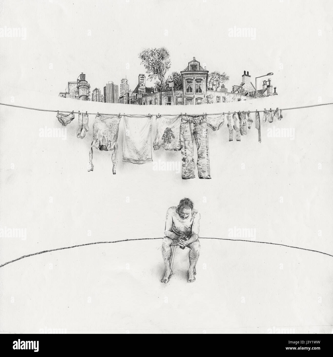 Person sitting underneath clothesline Stock Photo - Alamy