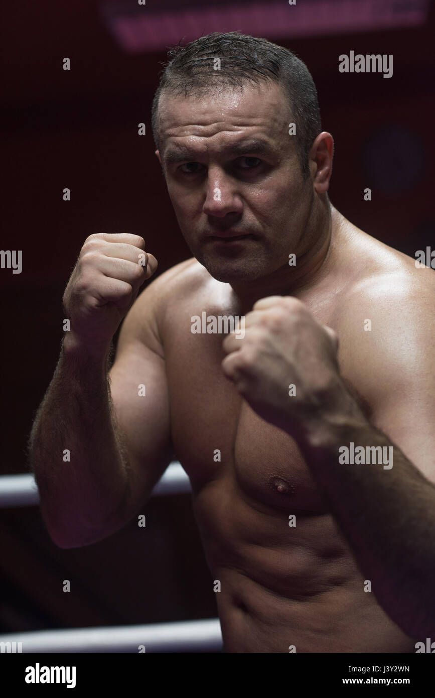 professional kickboxer with hands in martial arts position training for ...