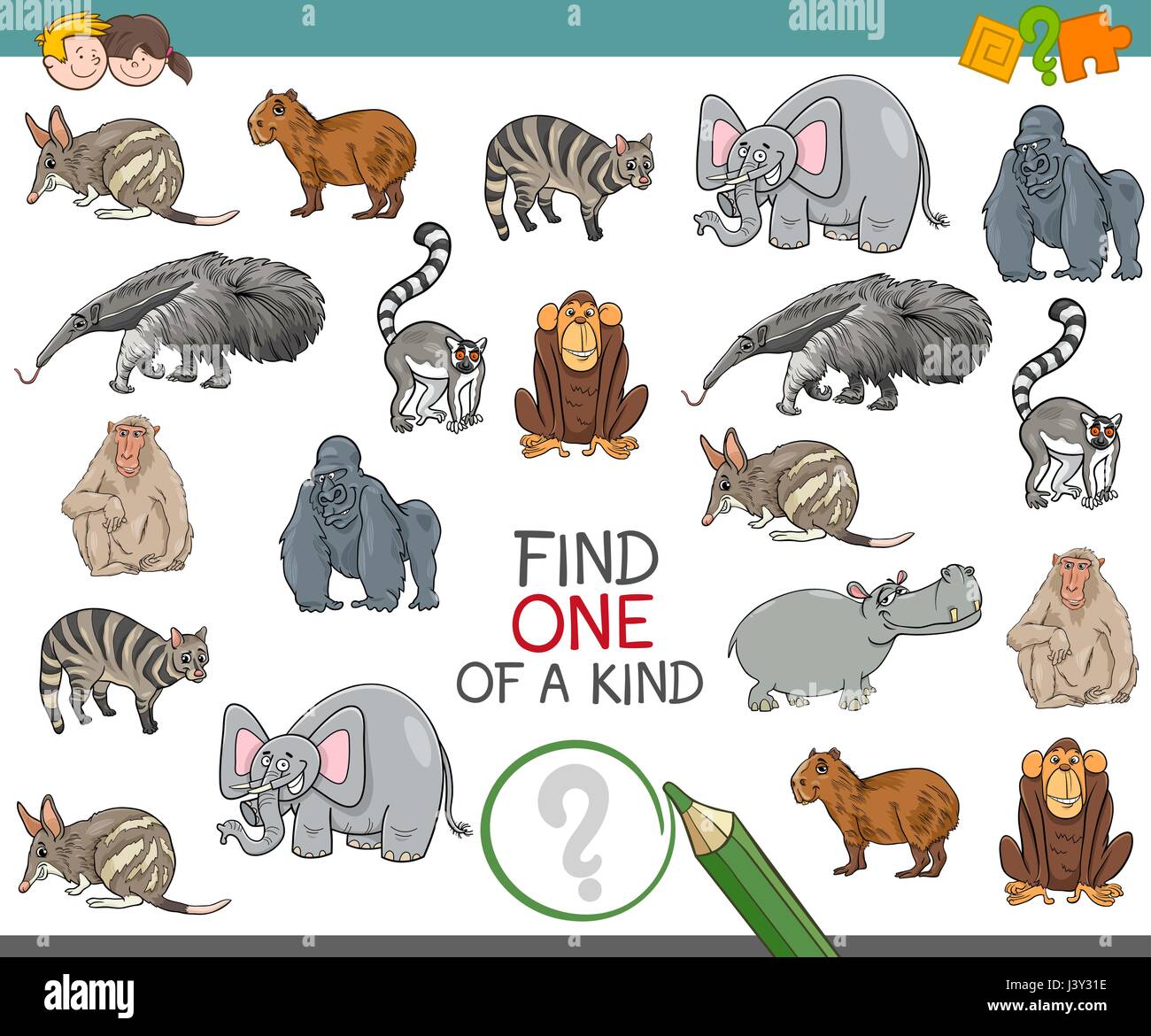 Cartoon Illustration of Find One of a Kind Educational Activity Game ...