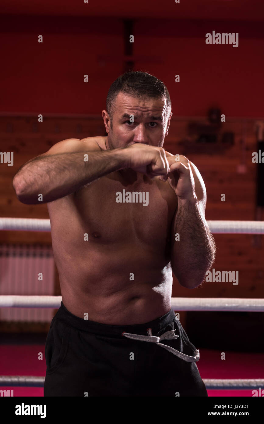 professional kickboxer with hands in martial arts position training for ...