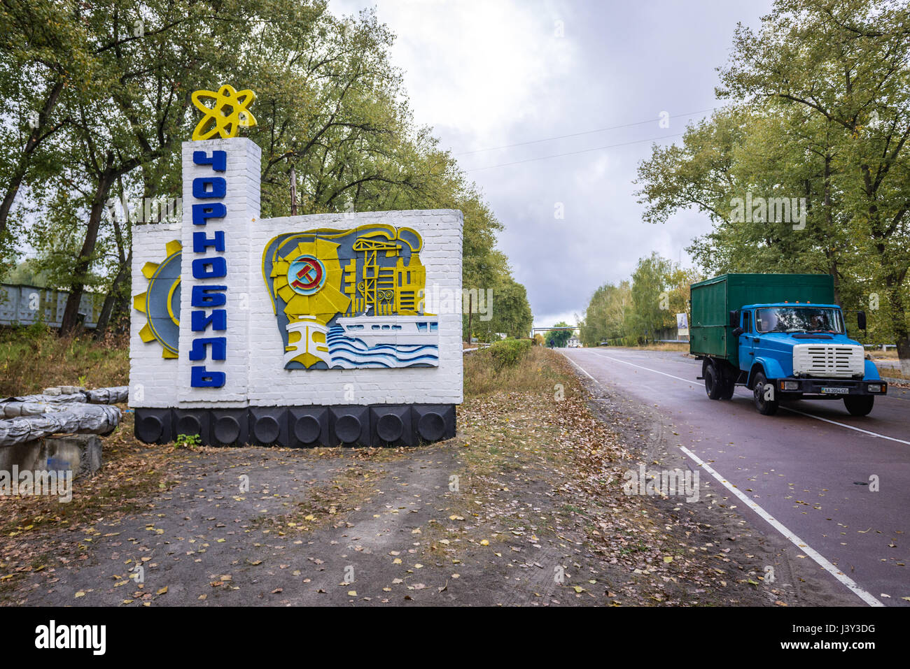 Welcome sign of Chernobyl town in Chernobyl Nuclear Power Plant Zone of ...
