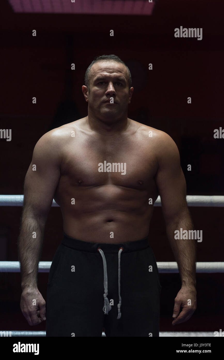 portrait of muscular professional kickboxer who standing in the ring ...