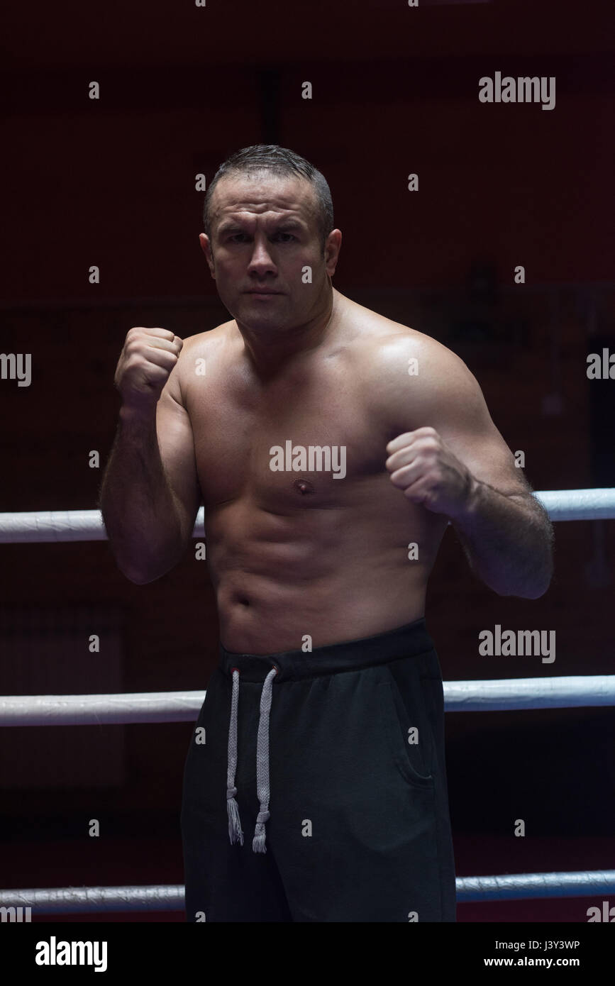 professional kickboxer with hands in martial arts position training for ...