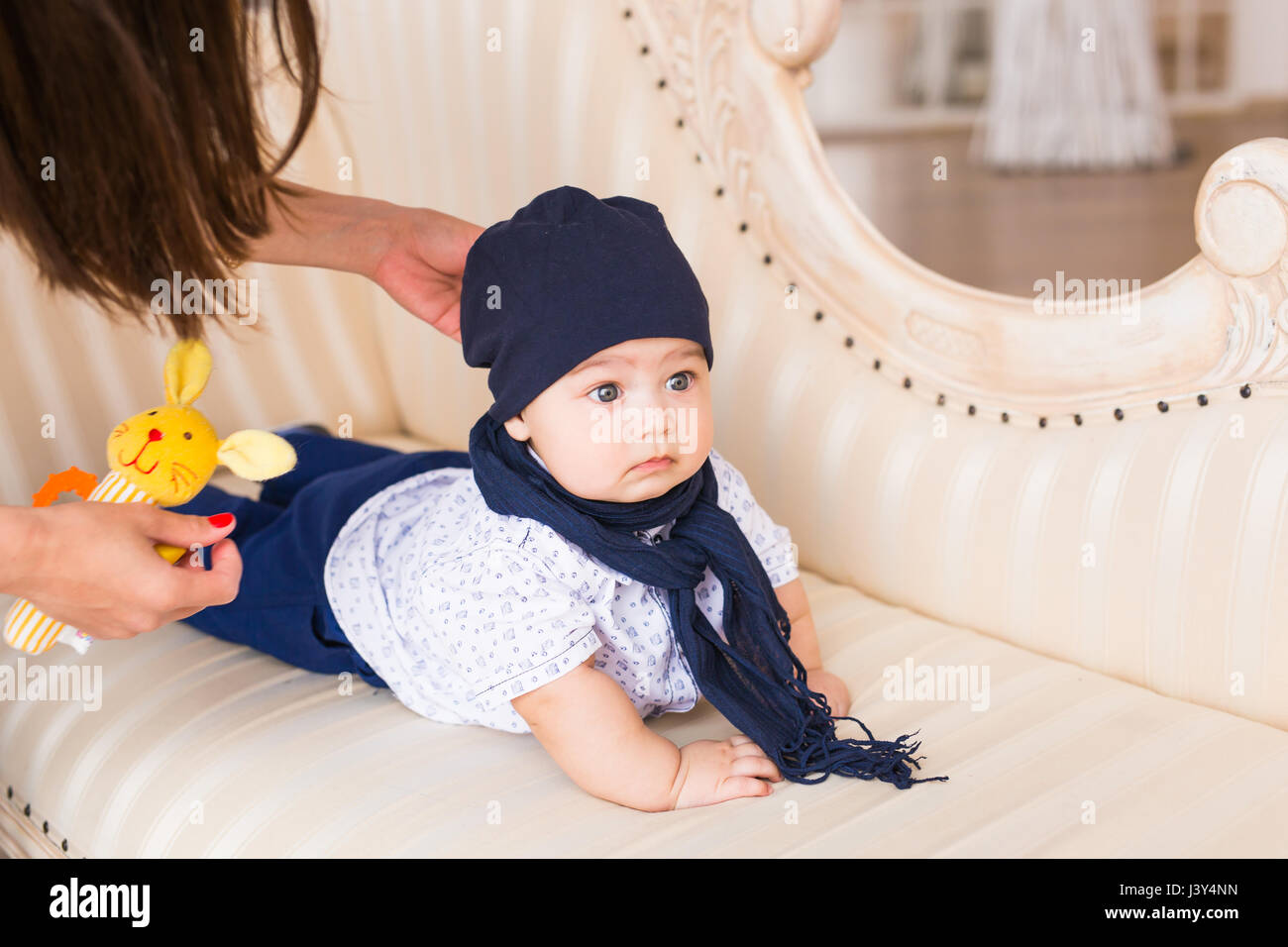 Child, childhood and infant concept - happy little baby boy at home ...