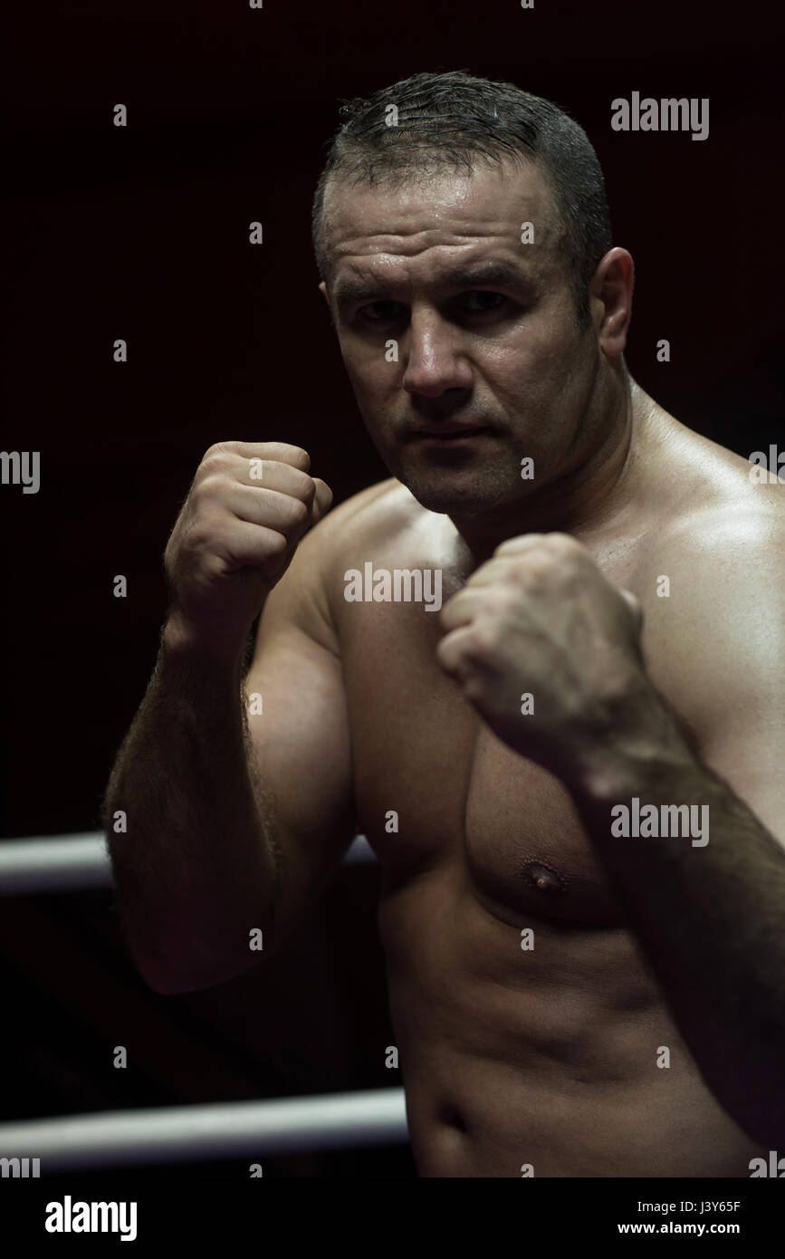 professional kickboxer with hands in martial arts position training for ...